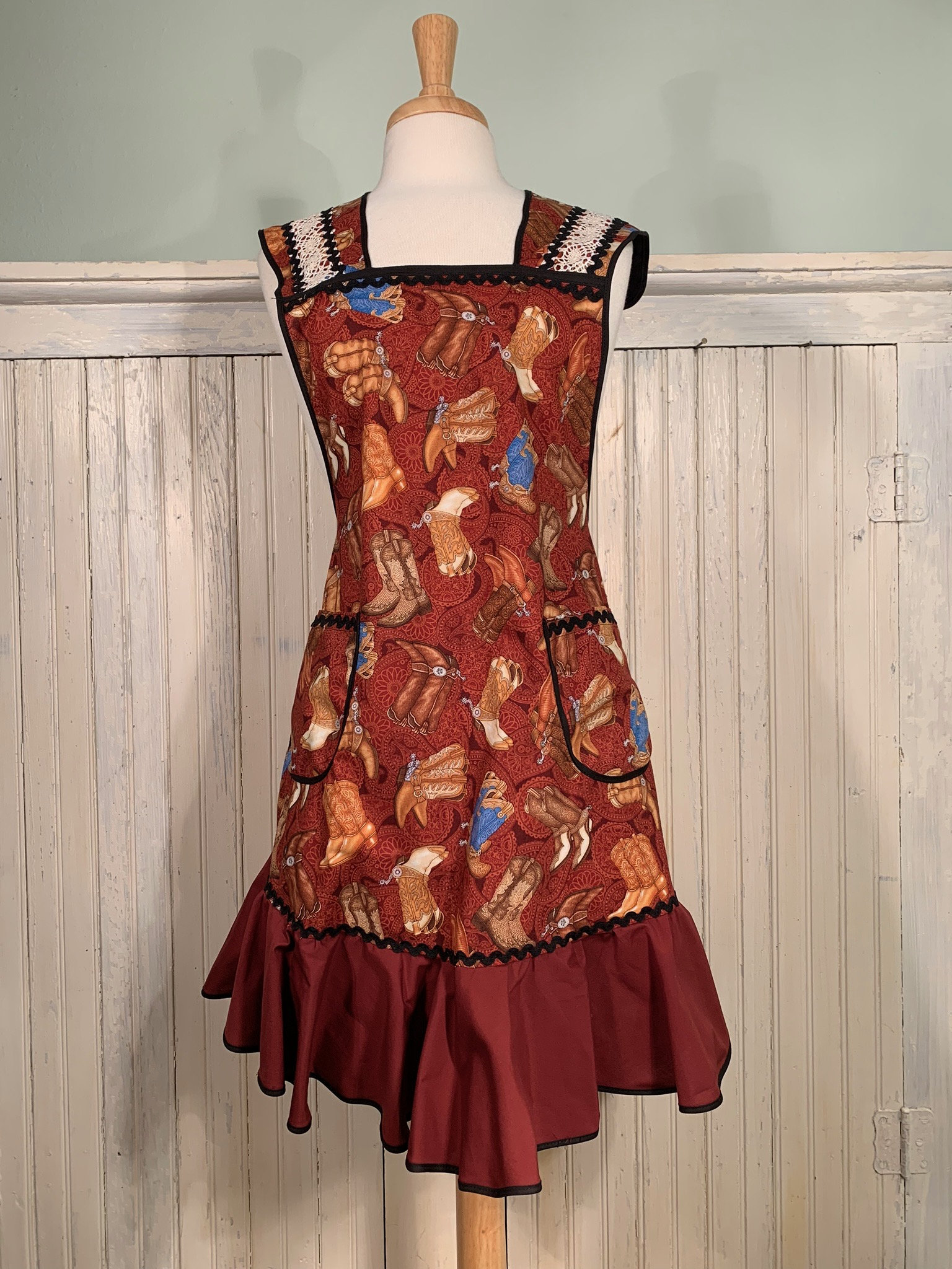 Womens Full Apron Handmade Retro Style Cowboy Boots Print 2 | Etsy