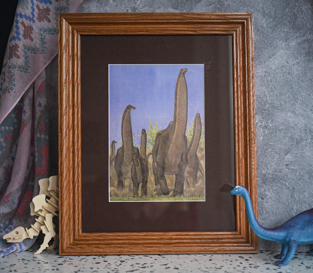Brontosaurus Herd in Wood Frame With Linen Mat 13.5x16.5 Vintage Framed ...