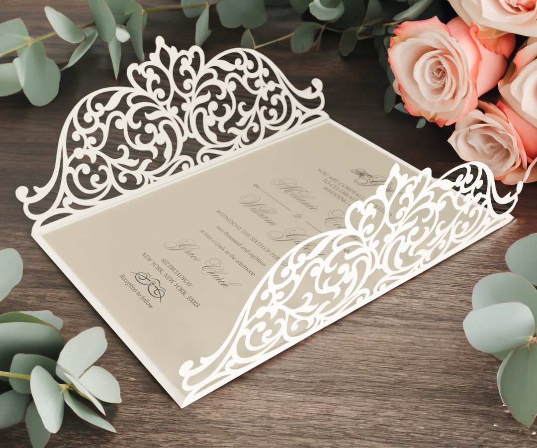 5x7 Gate-fold Wedding Invitation Laser Cut Card Template, Ornate Lace ...