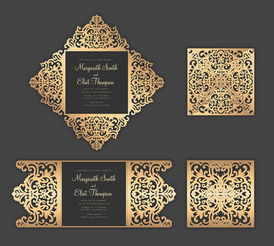 Laser Cut Four Fold Card Pattern, Wedding Invitation 5x5'', SVG, DXF ...