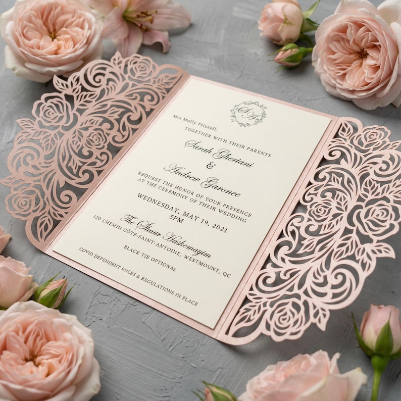 Roses Laser Cut Wedding Invitation, 5x7 Gate Fold Card Template ...