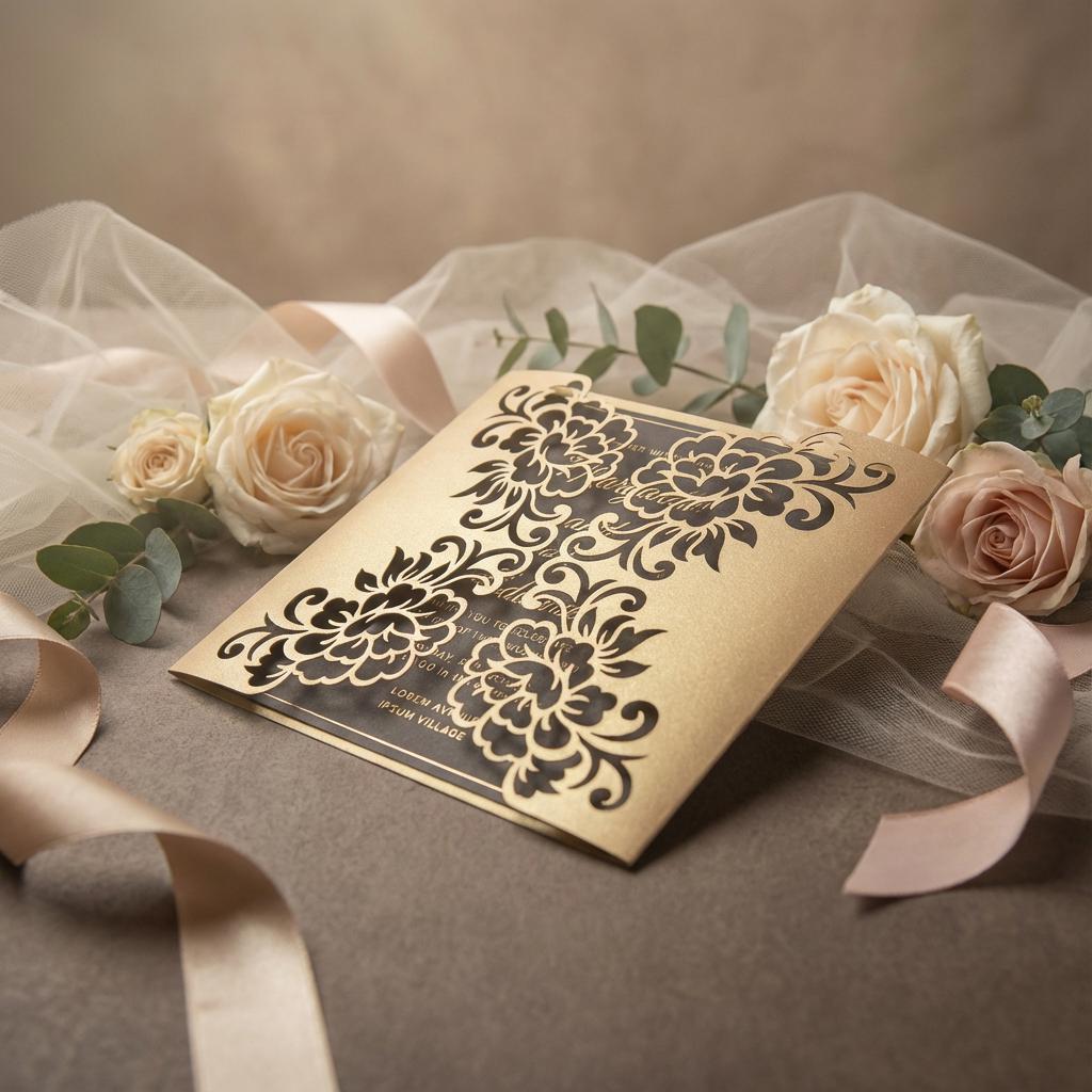 Sqare Wedding Invitation - Floral Lace Gate Fold Card Template, Peonies ...