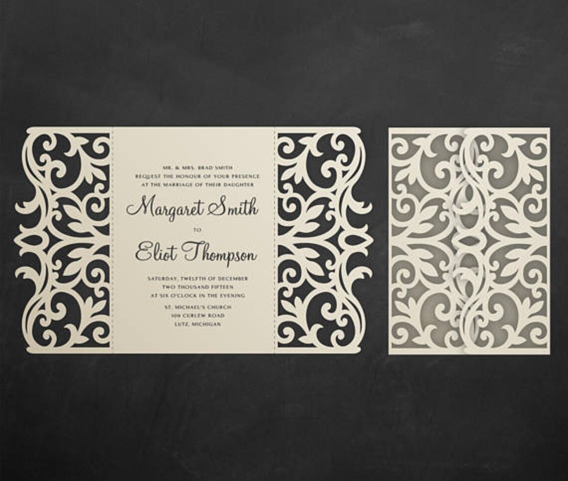 Gate-fold Wedding Invitation Card Template, 5x7 Quinceanera, Laser Cut ...