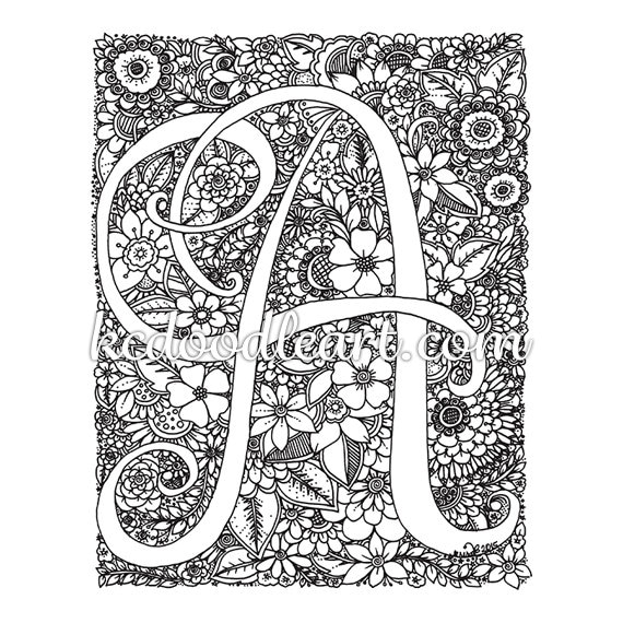 Instant Digital Download - Coloring Page - Letter A With Flower Designs ...