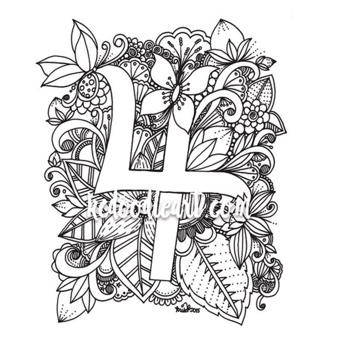Instant Digital Download, Adult Coloring Page, Number 4 Doodle - Etsy