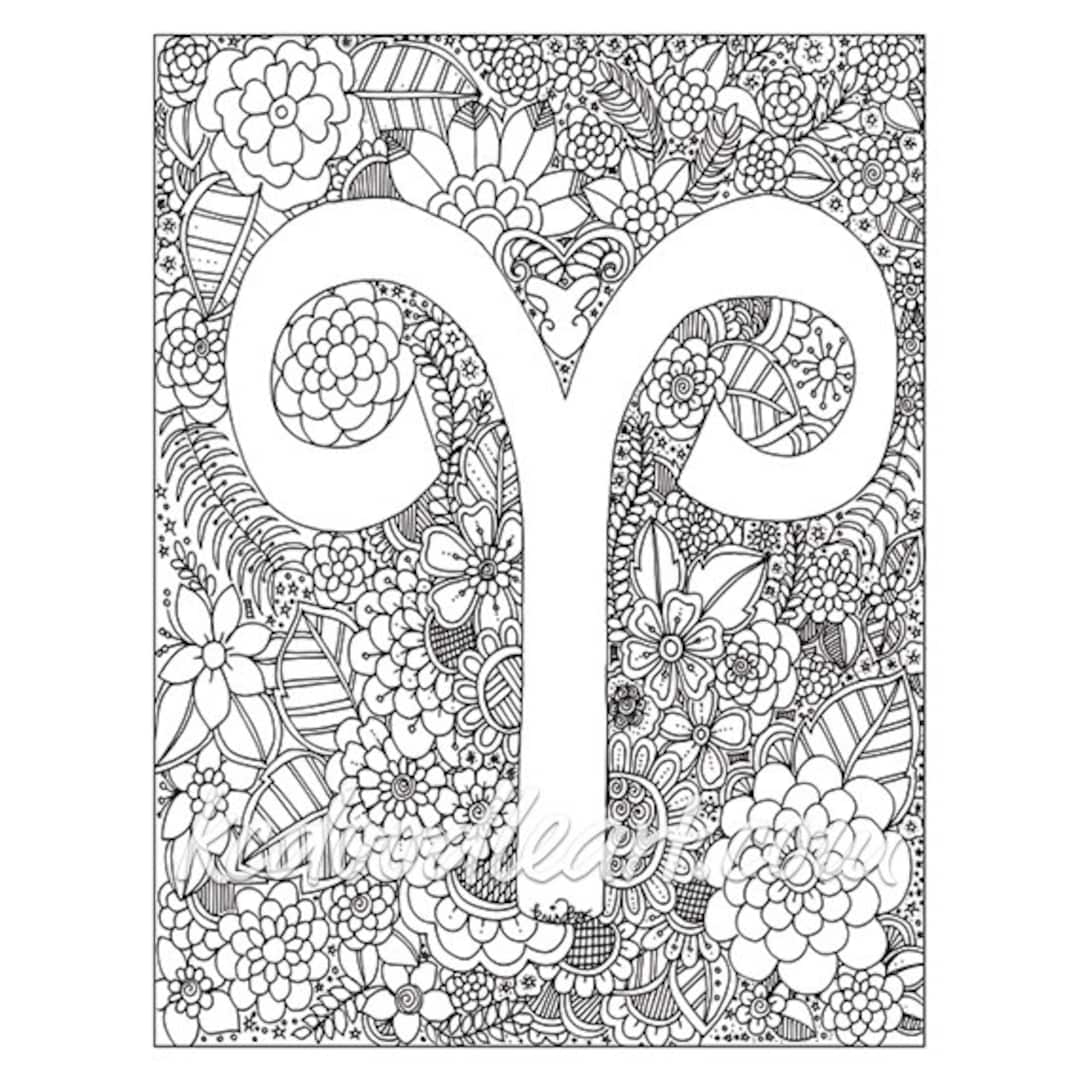 Instant Digital Download - Adult Coloring Page - Astro Sign Aries - Etsy
