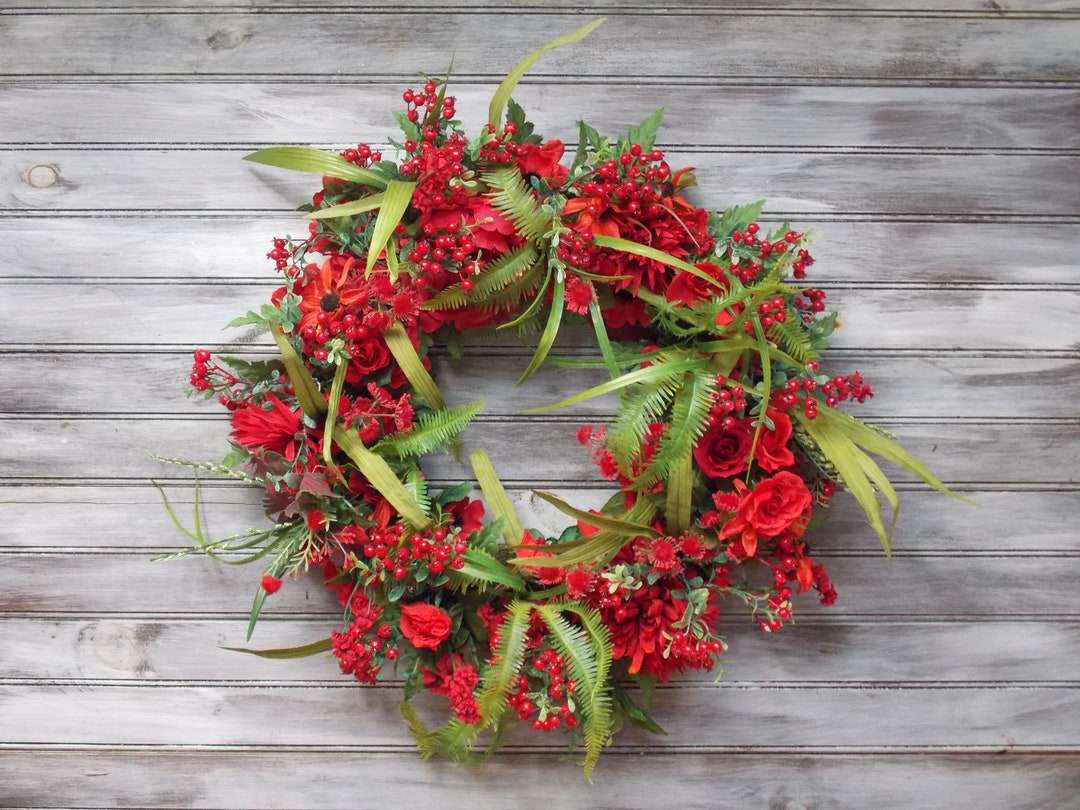 Medium Flower Wreath, Medium Door Wreath, Red Flowers Wreath, Full Door ...