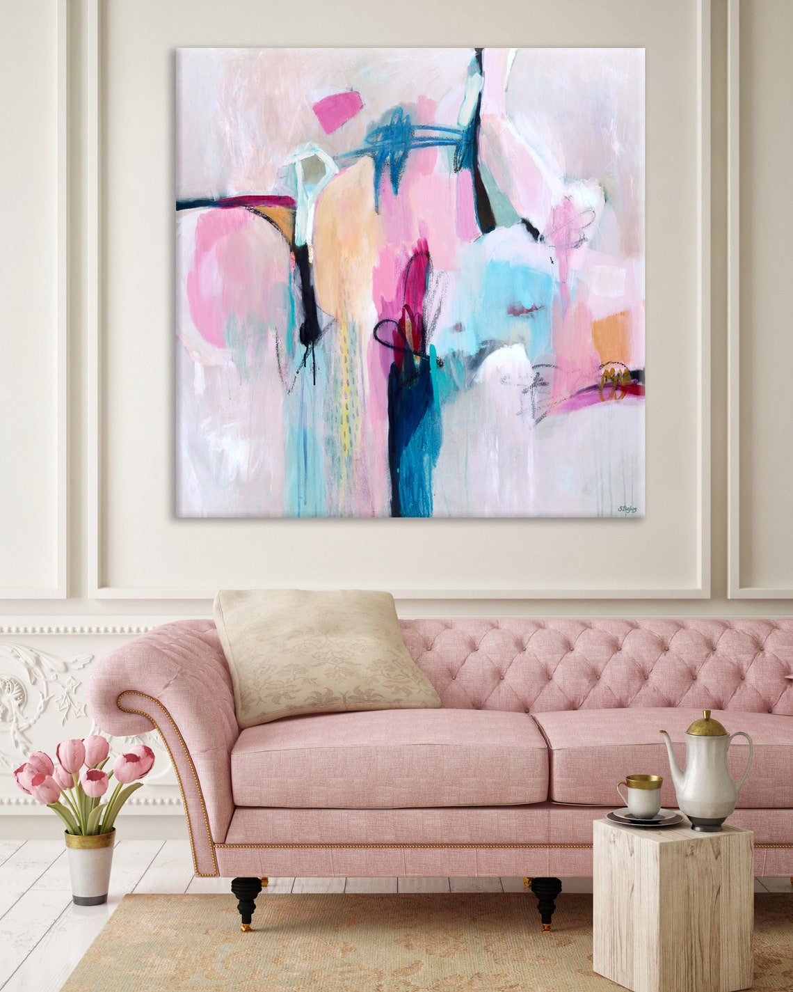 Abstract Painting Large Square in Pink Blue Grey, Wall Art Abstract Art ...