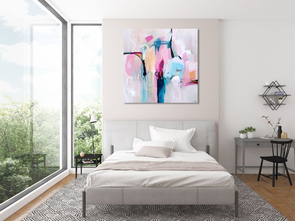 Abstract Painting Large Square in Pink Blue Grey, Wall Art Abstract Art ...
