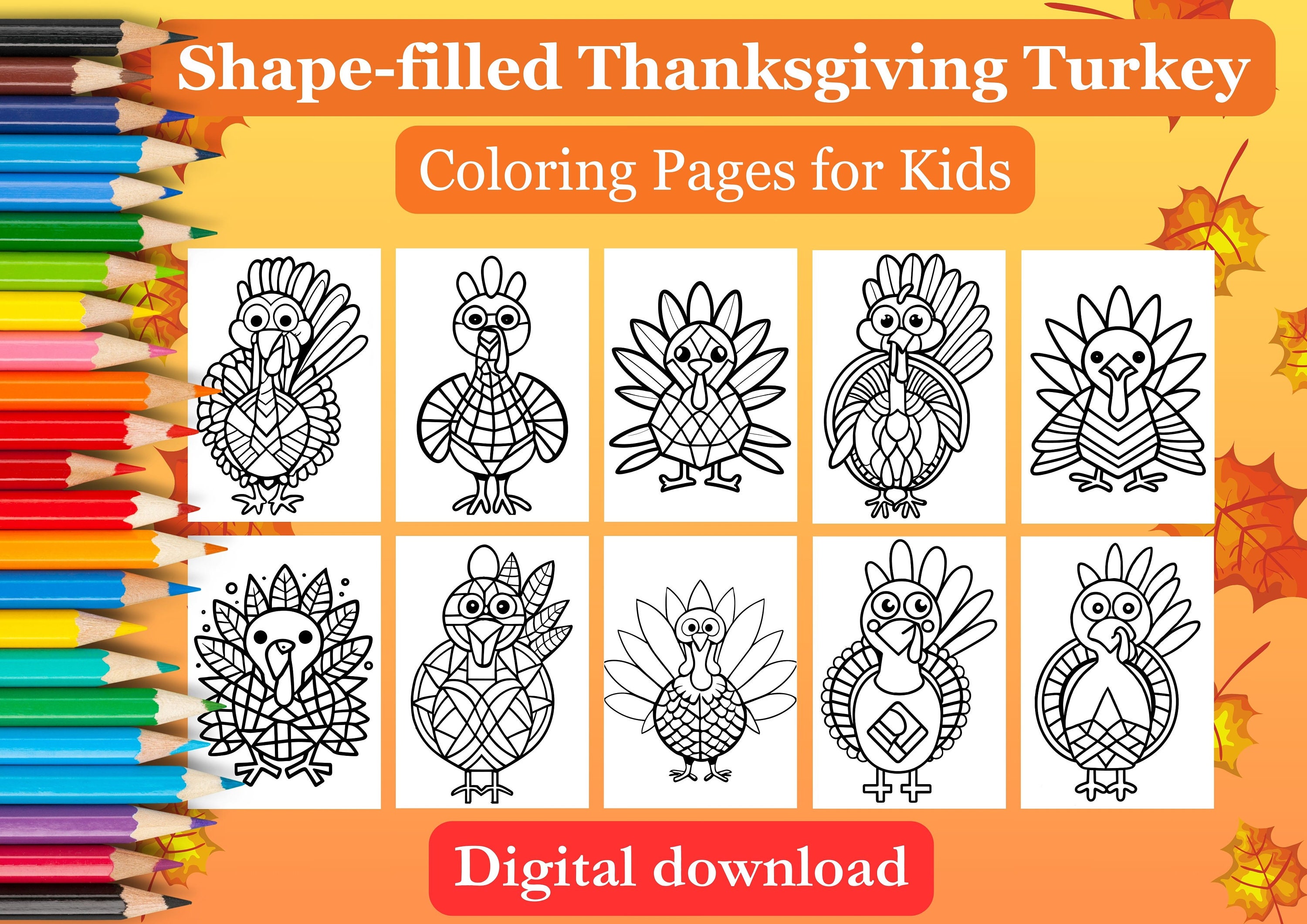 PRINTABLE - Shape-filled Thanksgiving Turkey Coloring Page for Kids ...