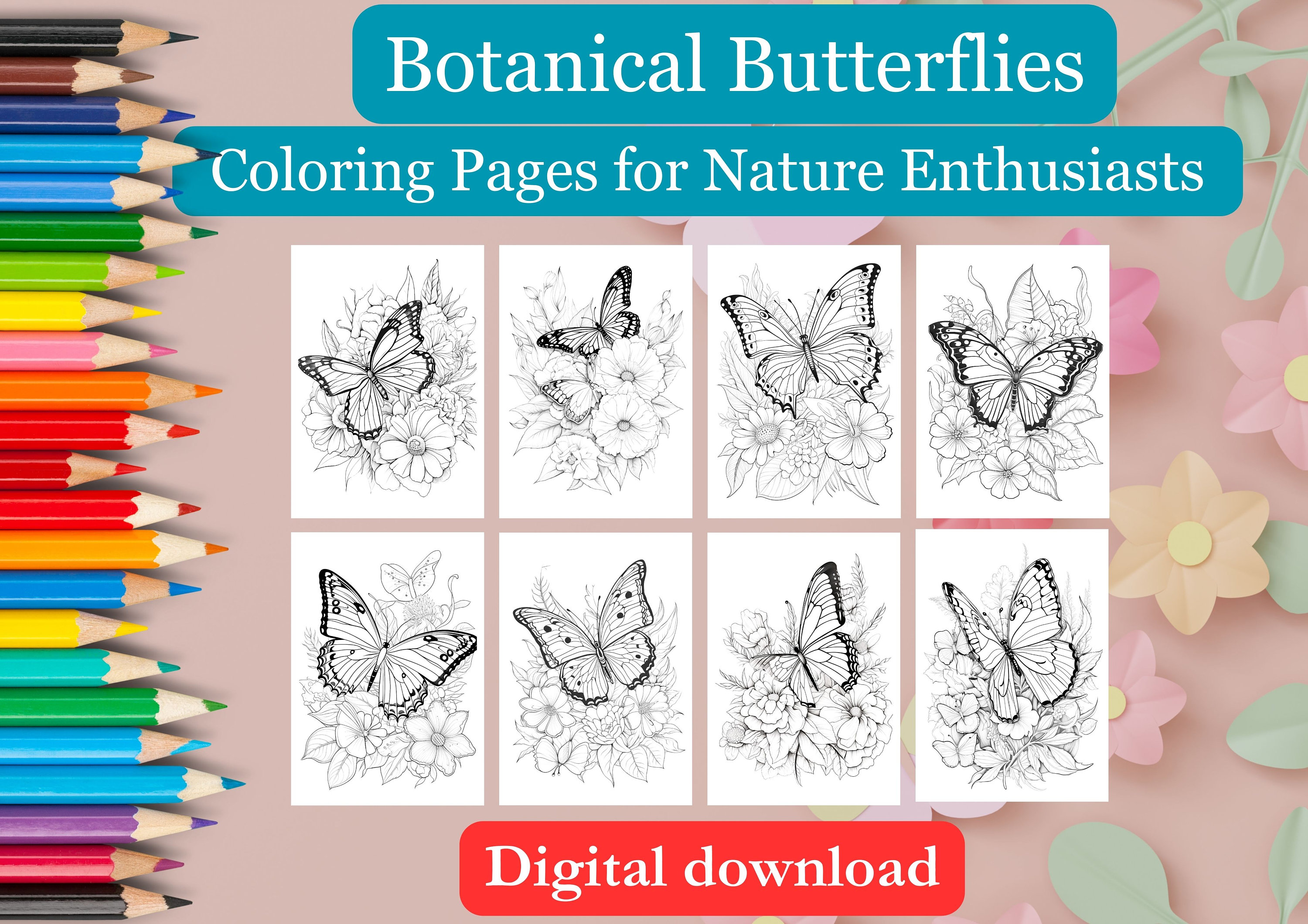 PRINTABLE Botanical Butterflies, Coloring Pages for Nature Enthusiasts ...