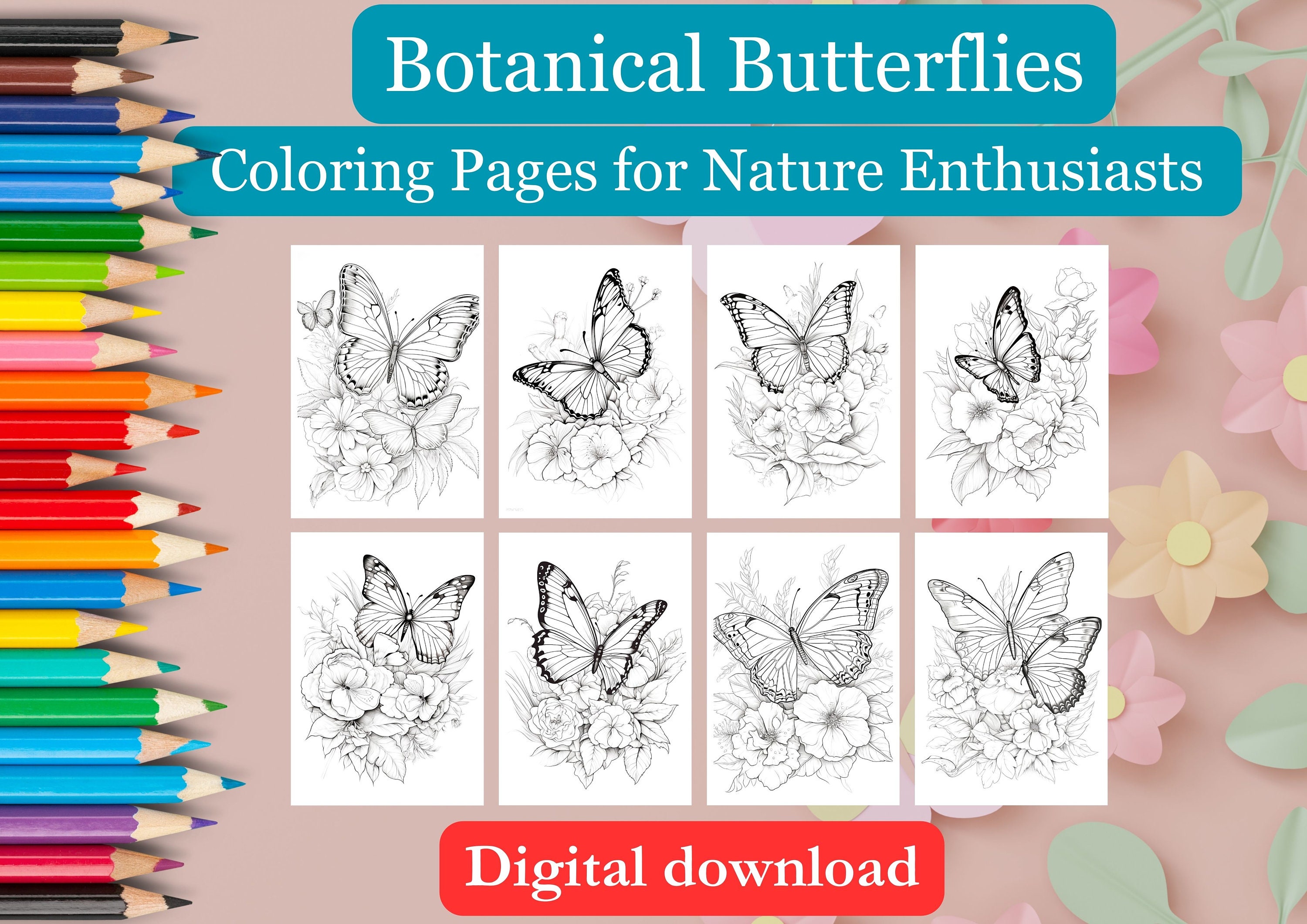 PRINTABLE Botanical Butterflies, Coloring Pages for Nature Enthusiasts ...