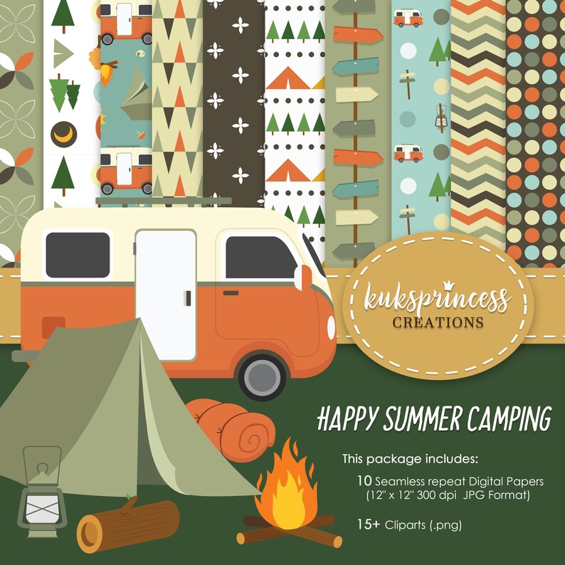 Happy Summer Camp Outing Cliparts and Digital Papers for Kids Scrapbook ...
