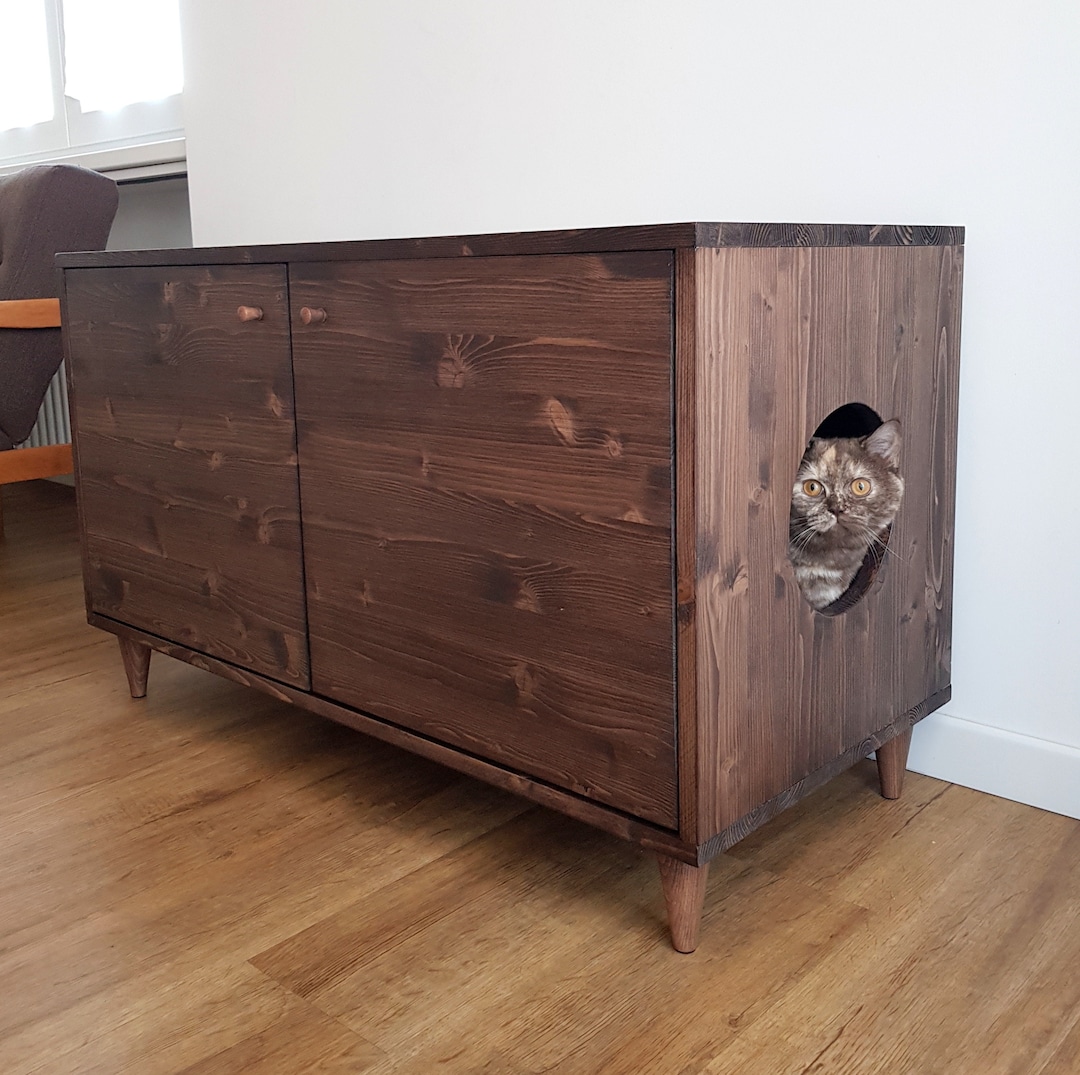 Double Litter Box Cabinet, Mid-century Modern Cat Litter Box Enclosure ...
