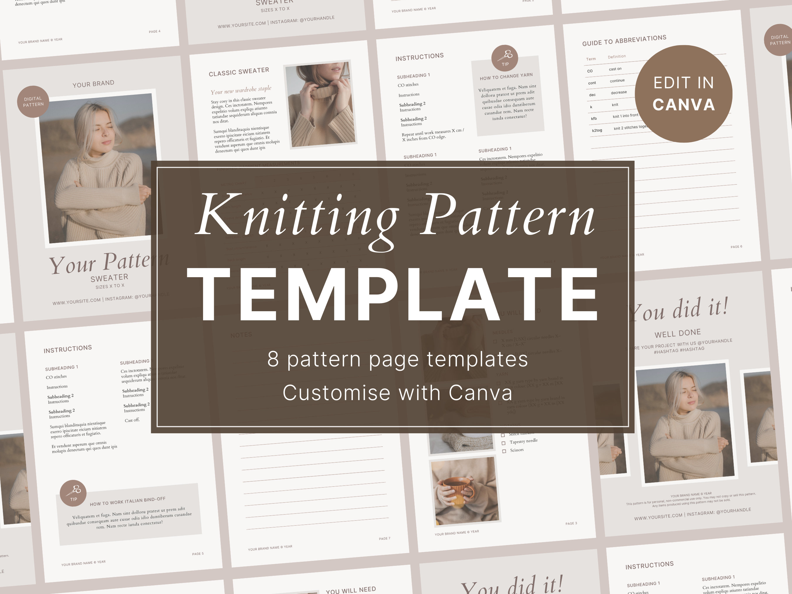 Neutral Scandi Knitting Pattern Template | Canva Template | A4 PDF ...