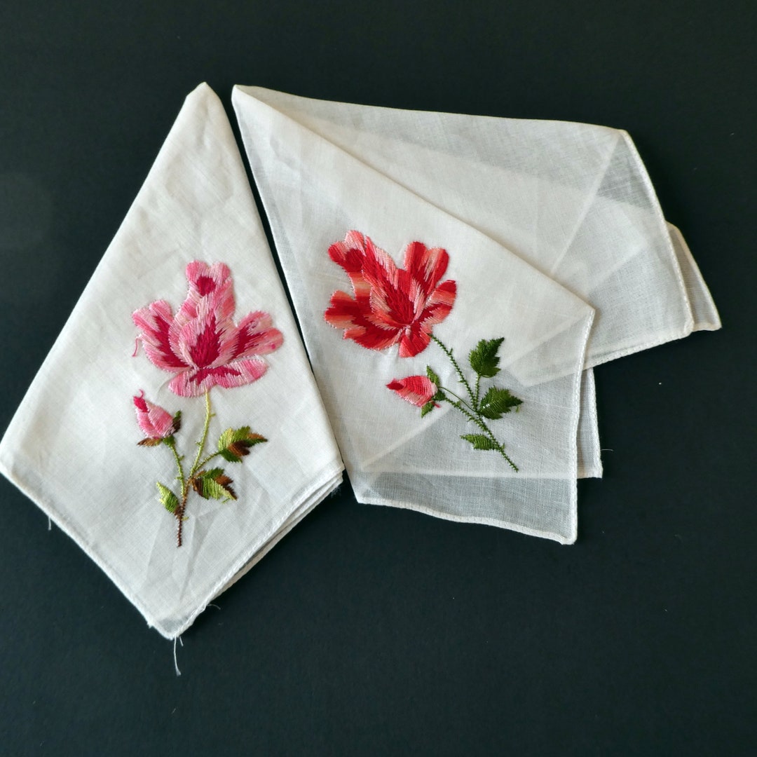 Pair of Embroidered Red Roses Cotton Handkerchiefs - Etsy