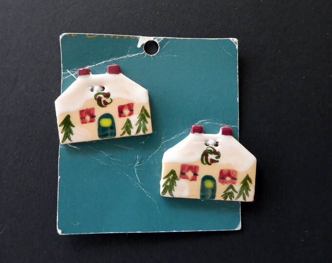 Pair of Hand Painted Buttons, Little Houses Buttons - Etsy
