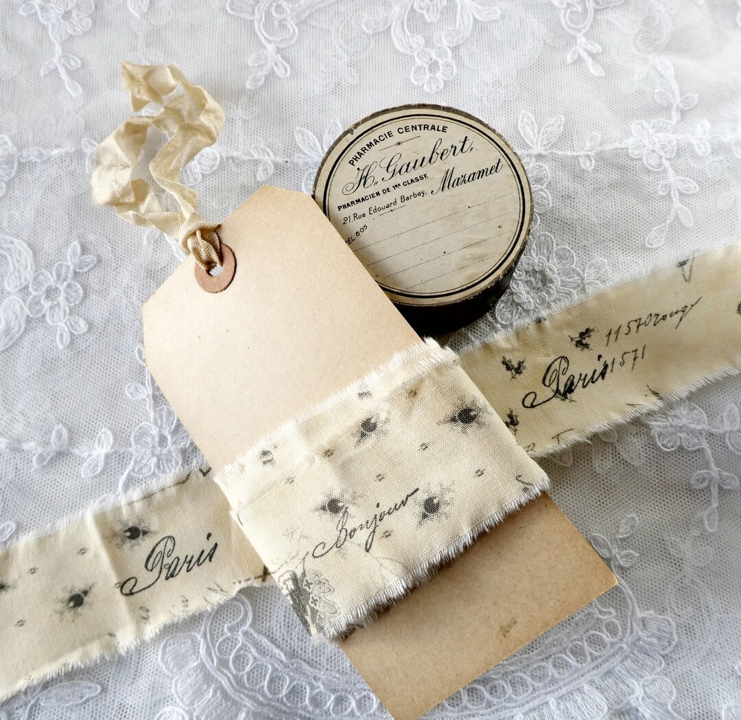 Bonjour Paris Hand Stamped and Frayed Ribbon, French Themed Ribbon - Etsy
