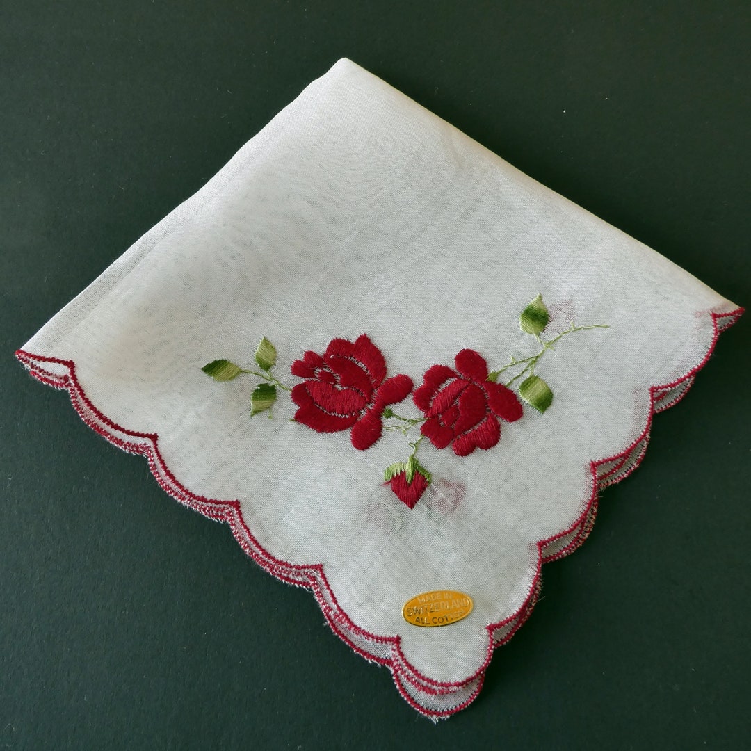 Embroidered Red Roses Cotton Handkerchief, Swiss Cotton - Etsy