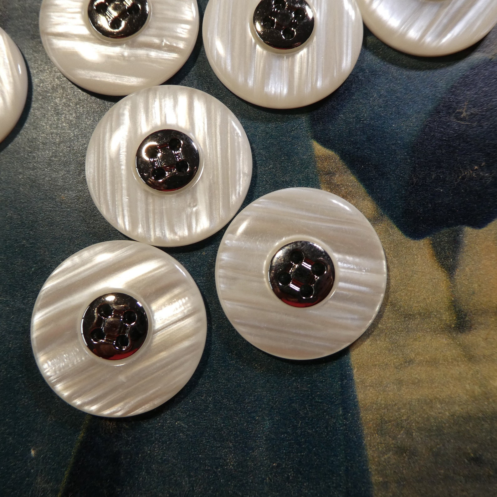 10 Vintage Large Pearlised White and Silver Buttons, 28 Mms Four Hole ...
