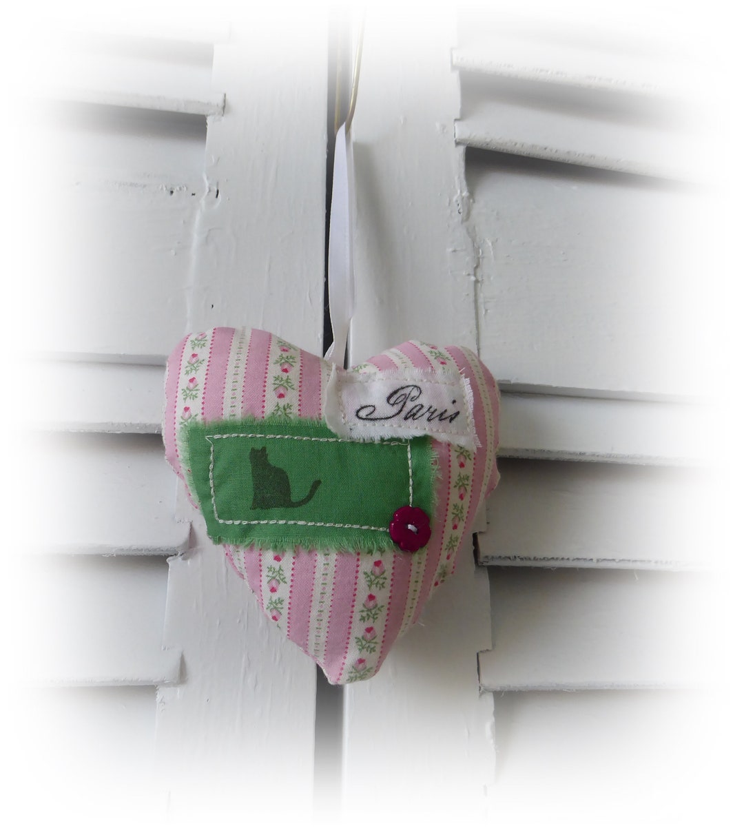 French Themed Fabric Heart Decoration, Handmade Hanging Heart Ornament ...