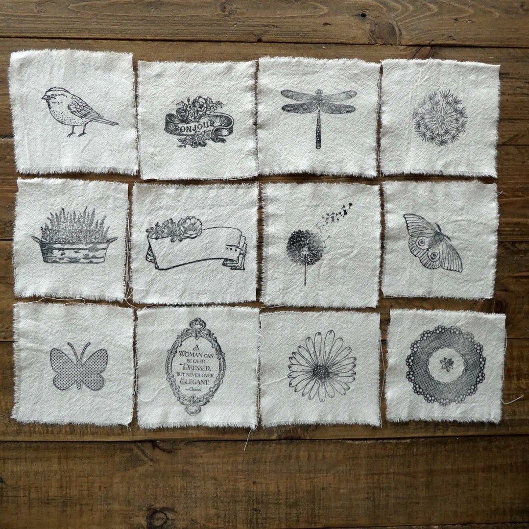 12 Hand Stamped Motifs on Calico, 4 Inch Squares, Pack 5 - Etsy