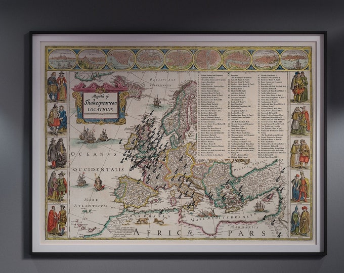 William Shakespeare Map - Play Locations - A Vintage Style Map With ...