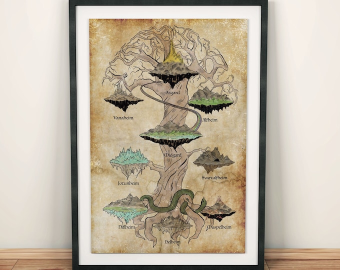 Map of Norse Mythology Vintage Style Nine Realms Map A4 A3 A2 A1 A0 ...