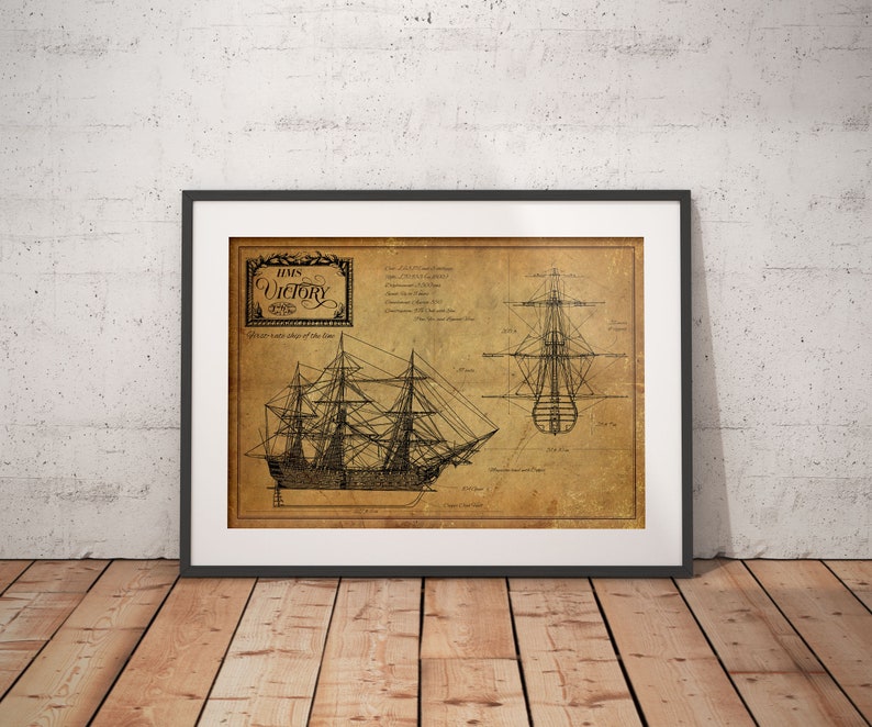 HMS Victory - Antique Style Schematic Black Print - A3 A2 A1 Art Print ...