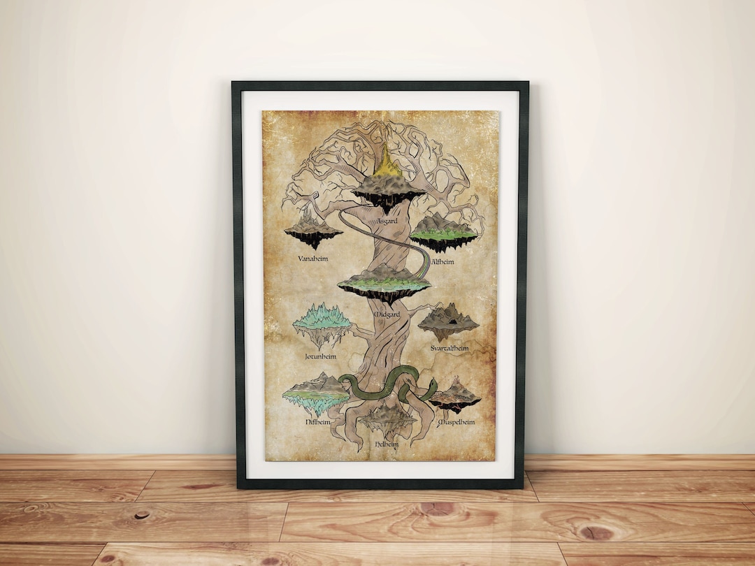 Map of Norse Mythology - Vintage Style Nine Realms Map A4 A3 A2 A1 A0 ...