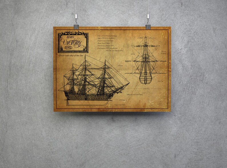HMS Victory - Antique Style Schematic Black Print - A3 A2 A1 Art Print ...