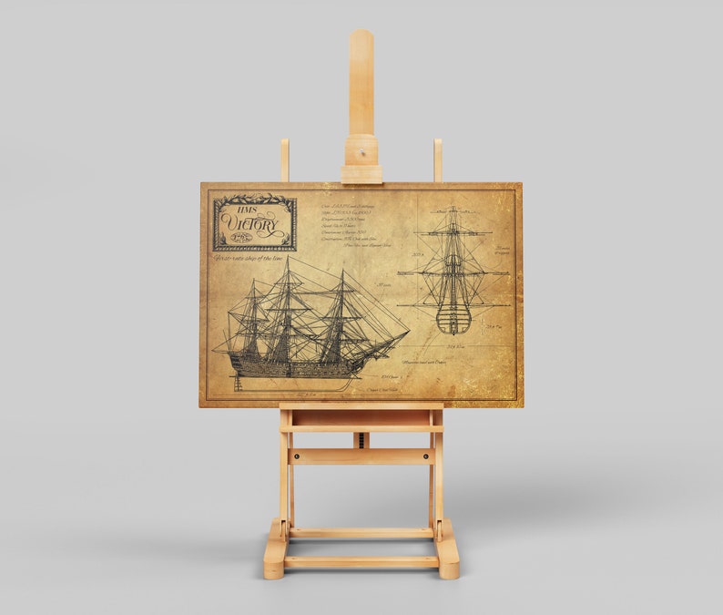 HMS Victory - Antique Style Schematic Black Print - A3 A2 A1 Art Print ...