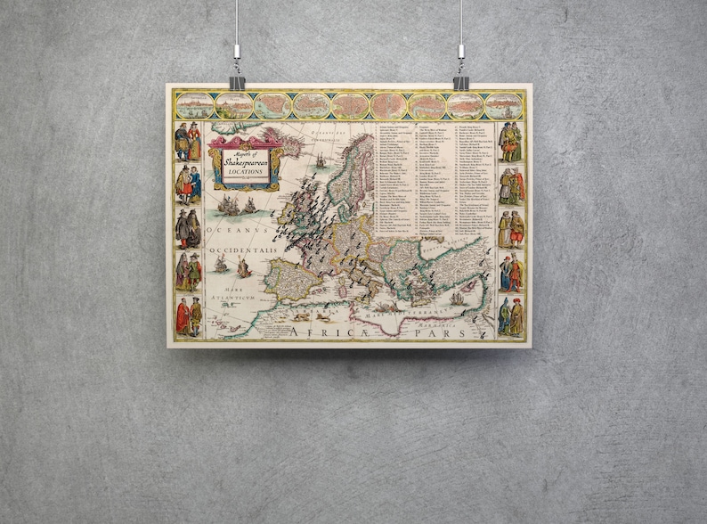 William Shakespeare Map Play Locations A Vintage Style Map - Etsy
