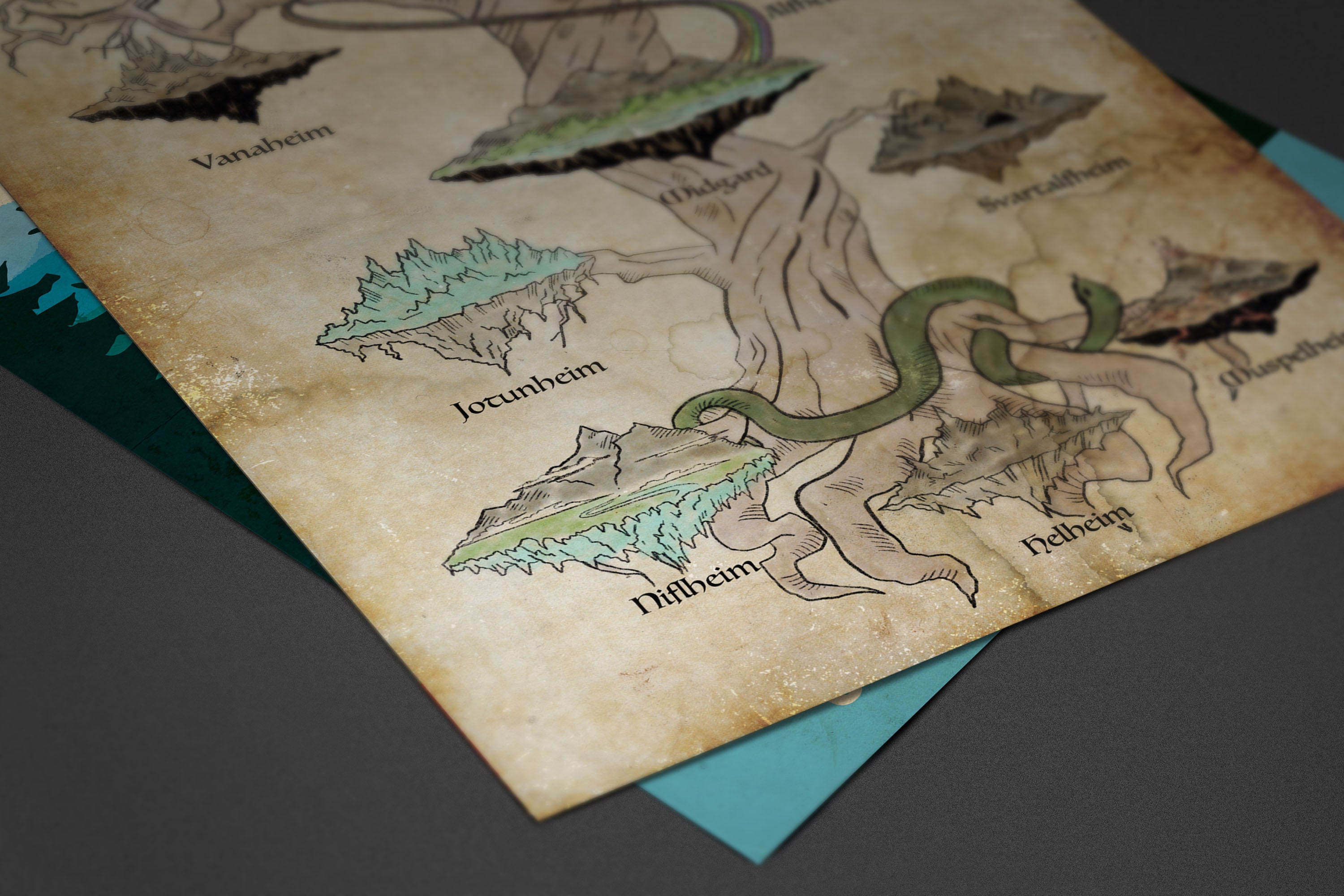 Map of Norse Mythology - Vintage Style Nine Realms Map A4 A3 A2 A1 A0 ...