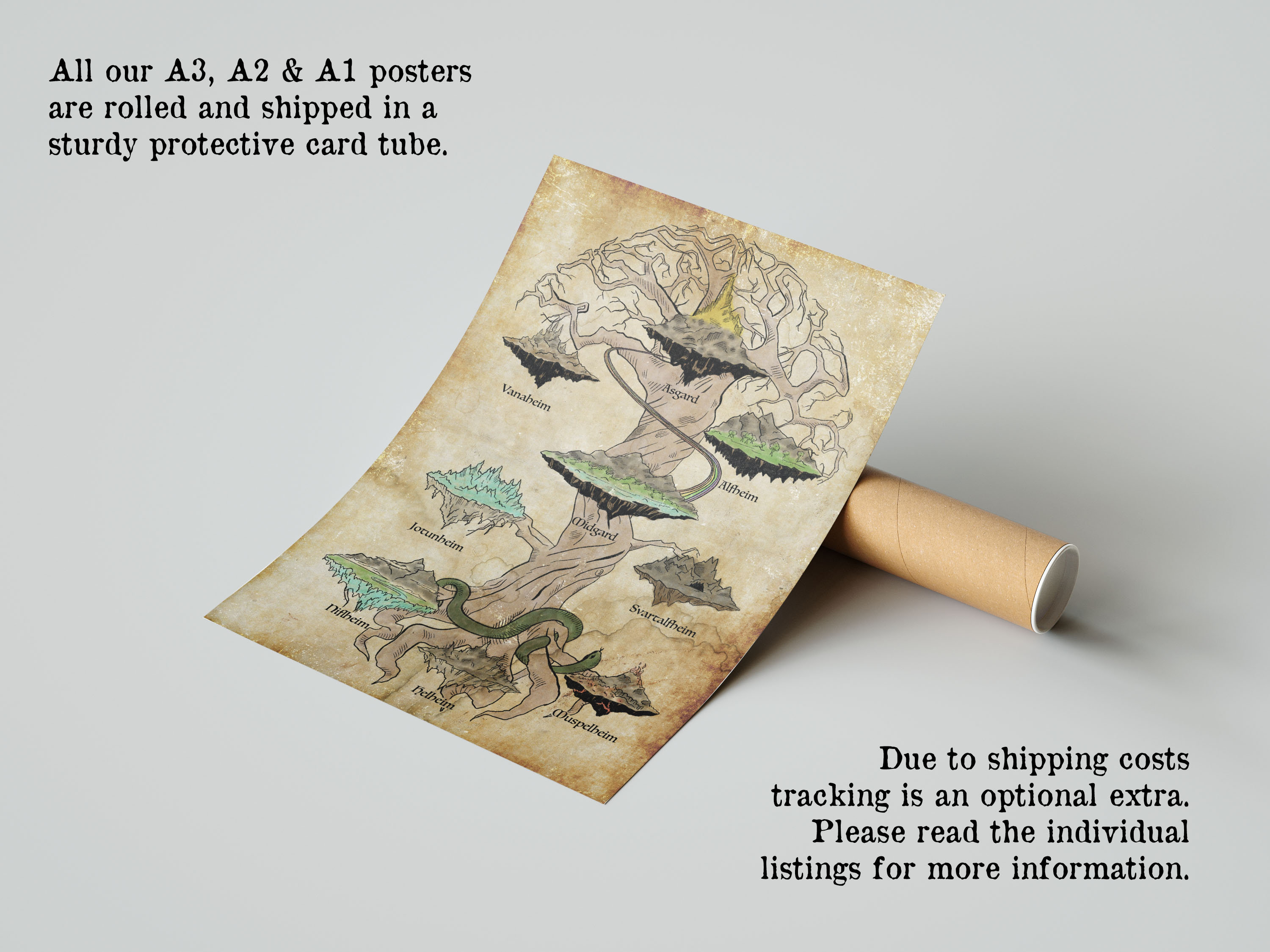 Map of Norse Mythology - Vintage Style Nine Realms Map A4 A3 A2 A1 A0 ...