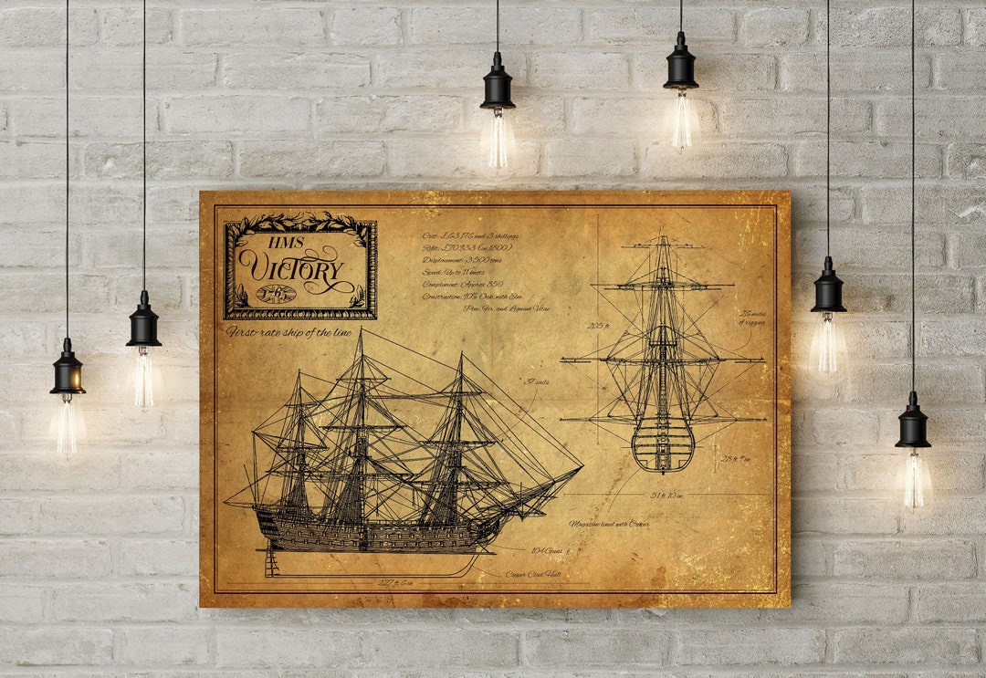 HMS Victory - Antique Style Schematic Black Print - A3 A2 A1 Art Print ...