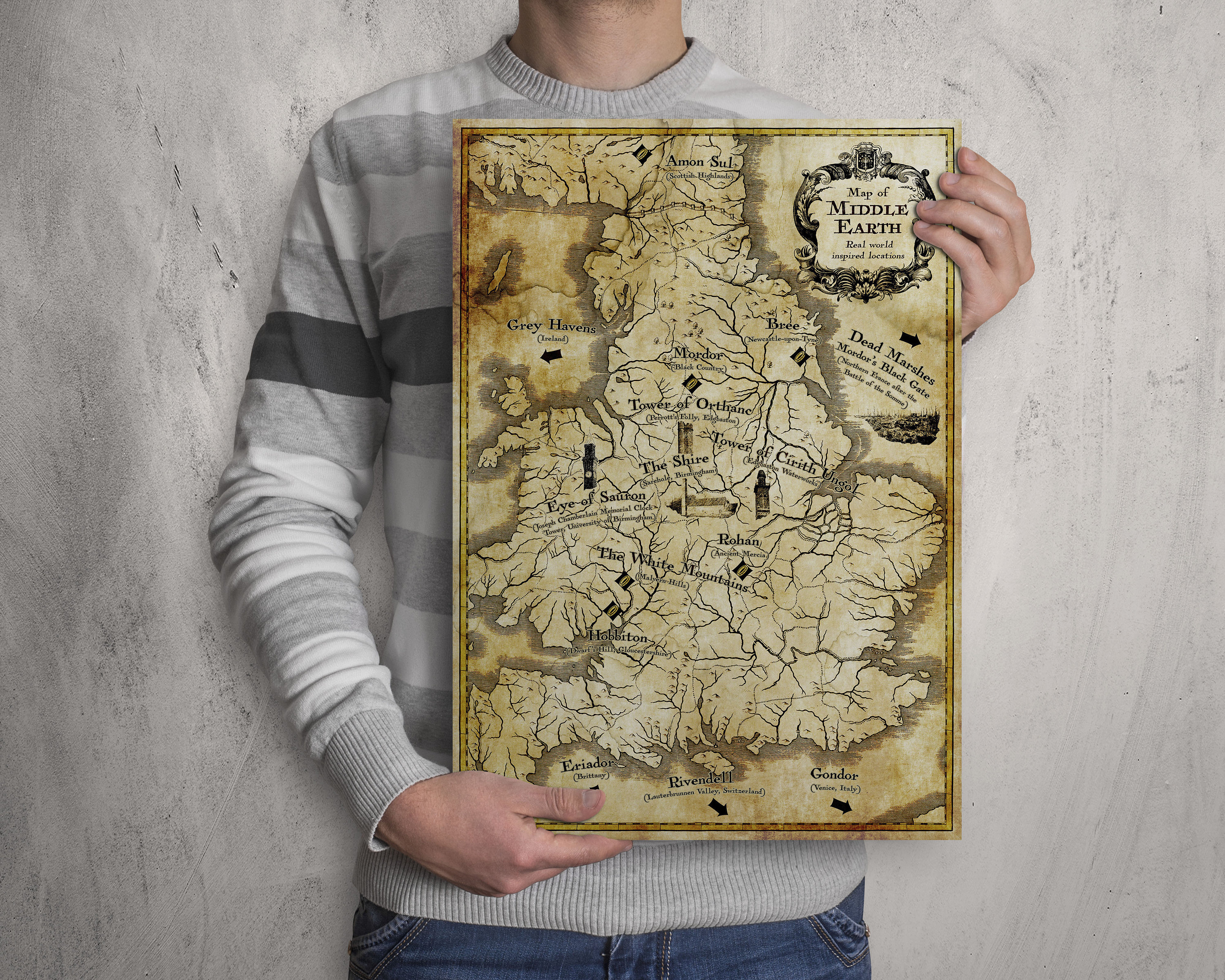 Vintage Tolkien Style Map of Middle Earth With Real World | Etsy