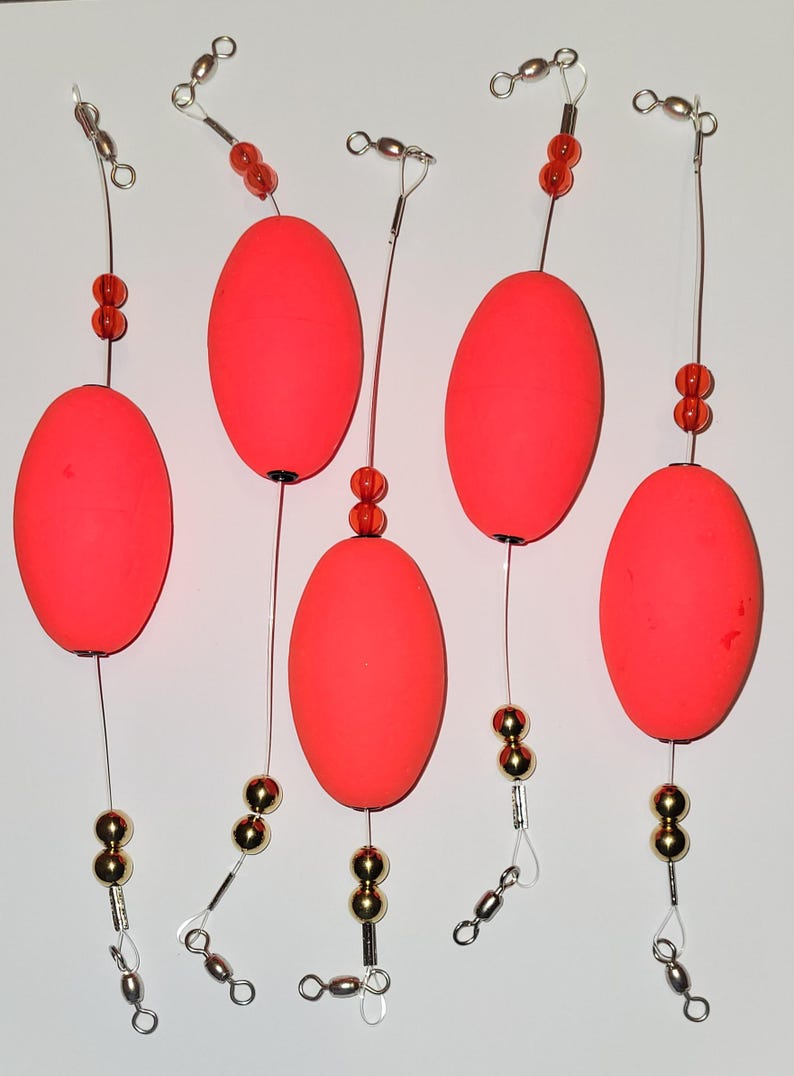 Popping Float Rigs, 5 Rigs, Bright Red, 2-1/2 Inch Oval Floats. Choose ...