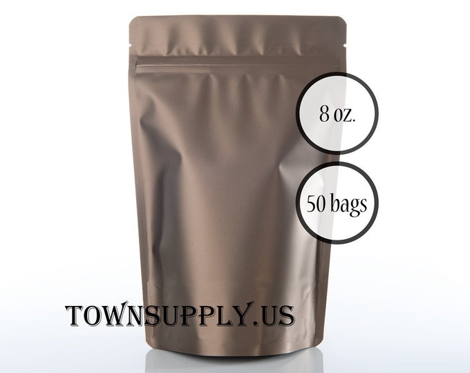 50 8 Oz Matte Bronze Stand up Pouches, Foil Lined Storage Bags, Food ...