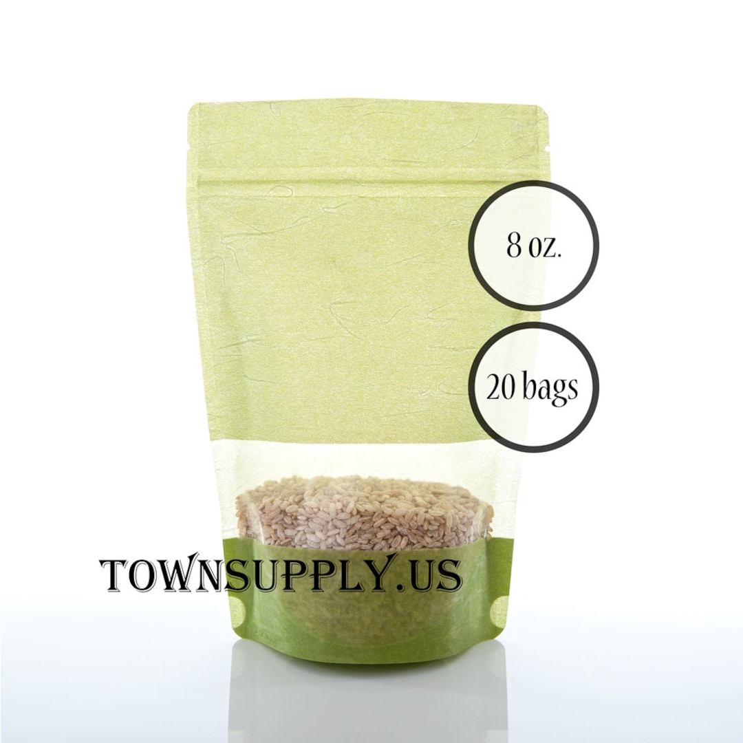 20 8 Oz Green Rice Paper Storage Bags, Window Stand up Pouch, Food Safe ...