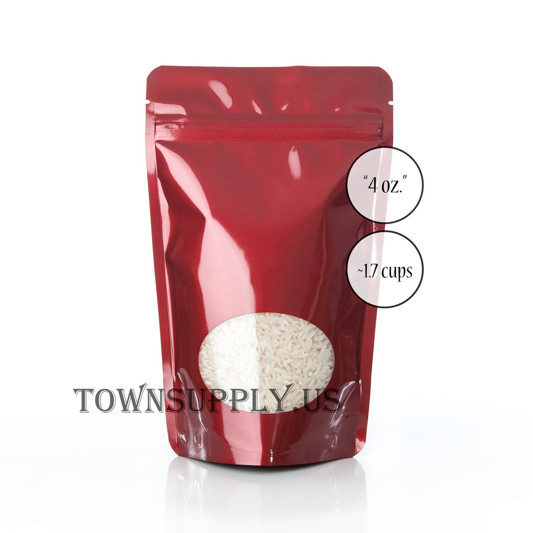 100 4 Oz Red Poly Stand up Pouches With Clear Oval Window, Food Grade ...