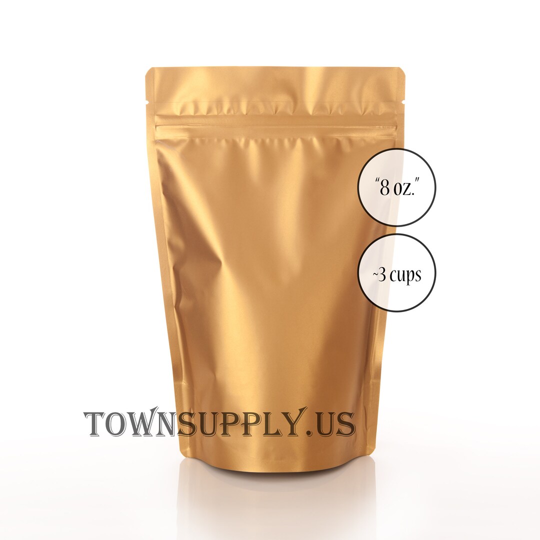 20 8 Oz Matte Gold Stand up Pouches, Foil Lined Storage Bags, Food Safe ...