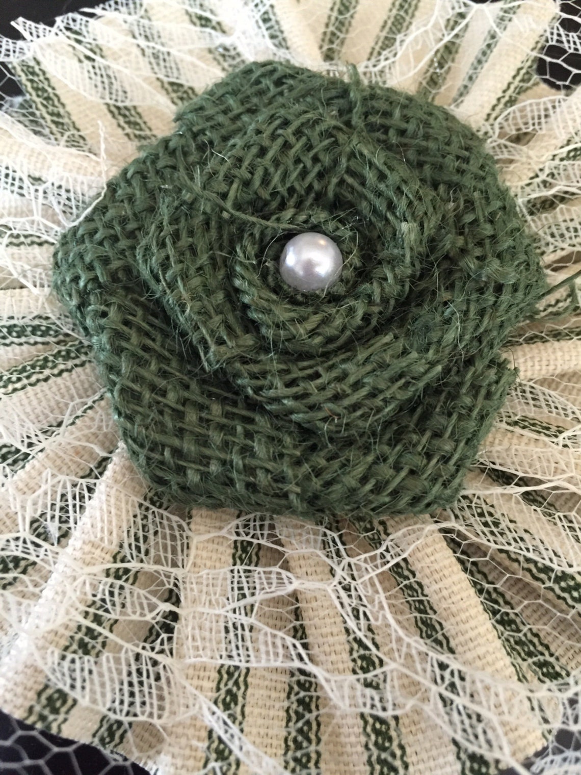Forest Green Burlap Flower Green Stripe Ticking Ruffle - Etsy