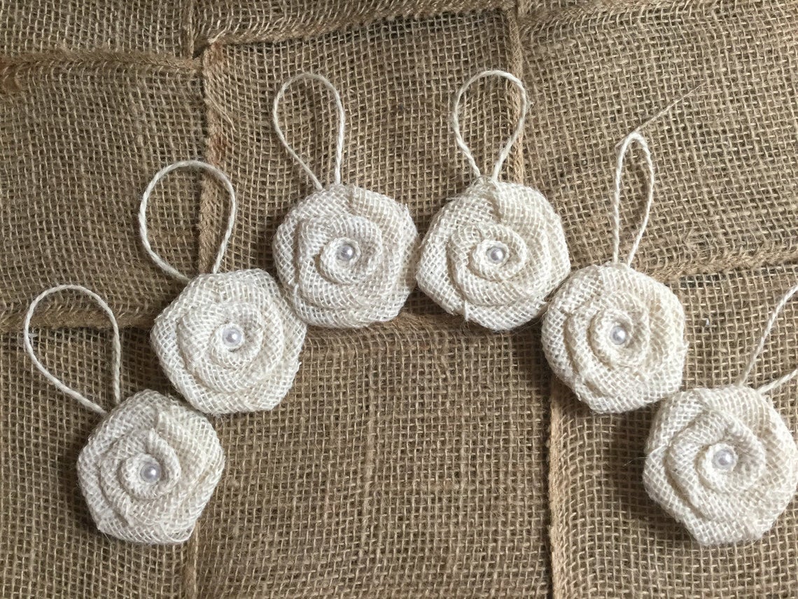 Set of Six Ivory Burlap Flower Hanging Christmas Tree Ornament | Etsy