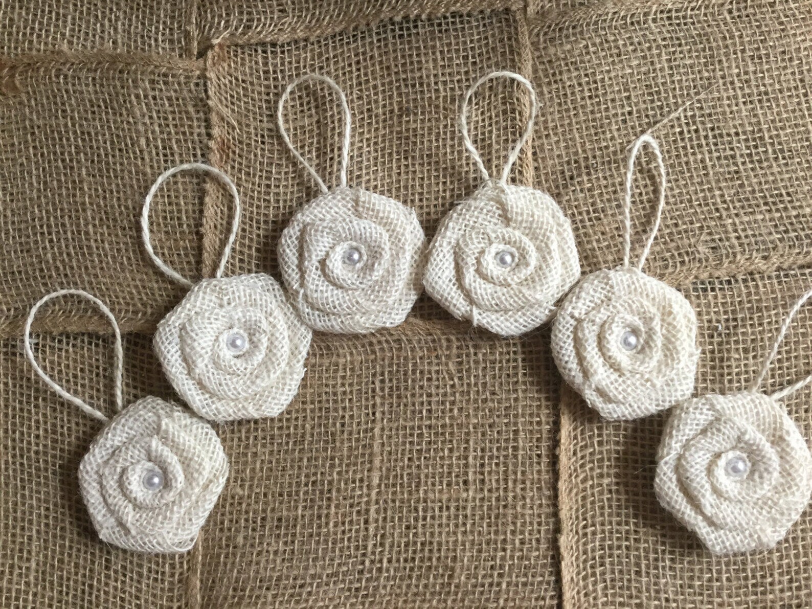 Set of Six Ivory Burlap Flower Hanging Christmas Tree Ornament | Etsy