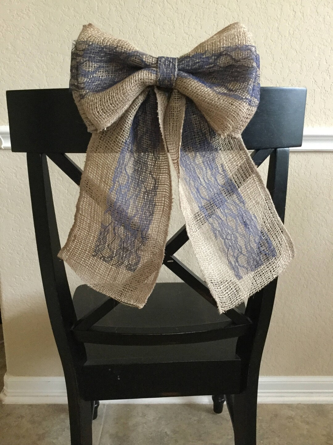 11 Wide Burlap Pew Bow With Navy Blue Lace Panel Ribbon Chair Wedding ...