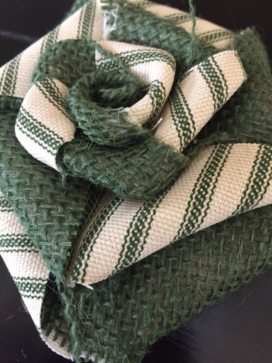 Forest Green Burlap Flower With Green Stripe Ticking Christmas - Etsy