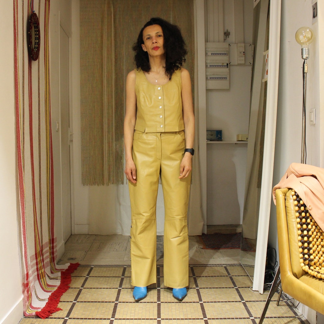 JÜRGEN MICHAELSEN Beige Leather Pants / High Waist / Snap Button Along ...