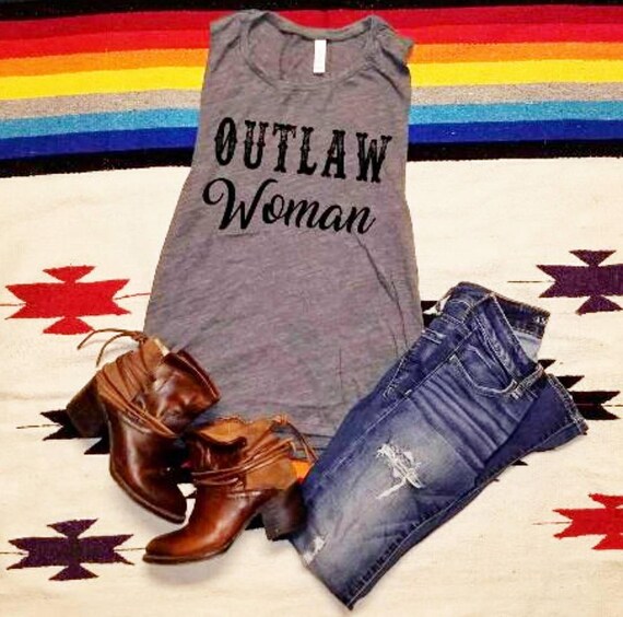 Outlaw Woman with Black Writing Flowy Scoop Muscle Tee | Etsy