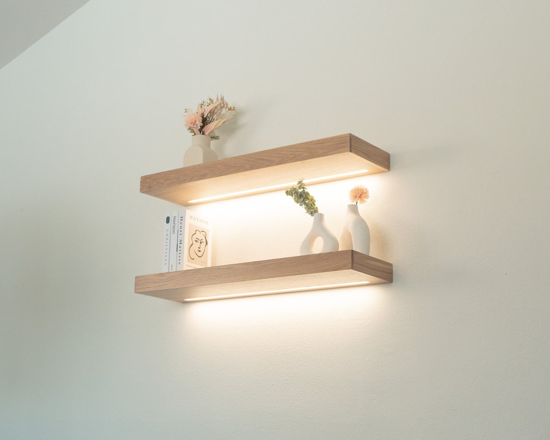 White Oak LED Floating Shelves, White Oak Wood Shelf With Light, FREE ...